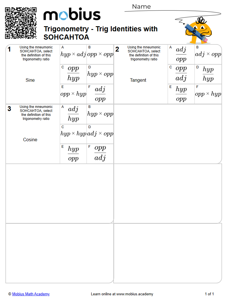 Trigonometry - Trig Identities with SOHCAHTOA (Level 1) - Mobius Math ...