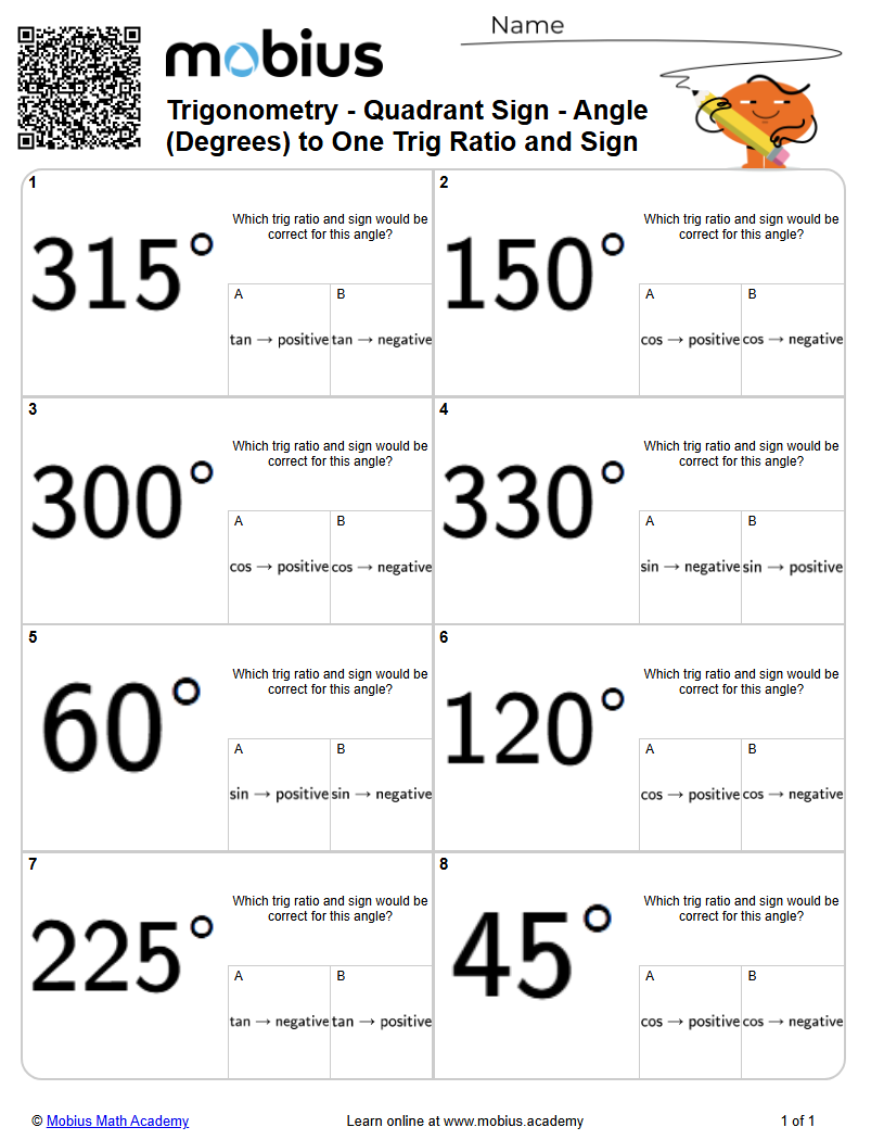 Trigonometry | Quadrant Sign - Angle (Degrees) to One Trig Ratio and ...