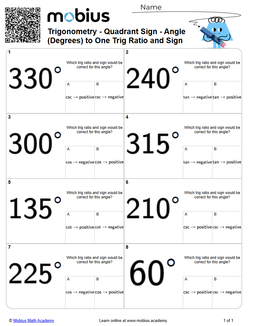 Quadrant Sign - Angle (Degrees) to One Trig Ratio and Sign (Level 2 ...