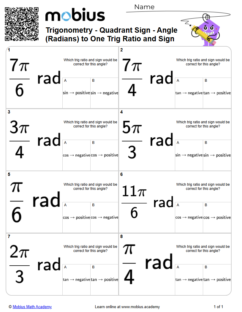 Quadrant Sign - Angle (Radians) to One Trig Ratio and Sign (Level 1 ...