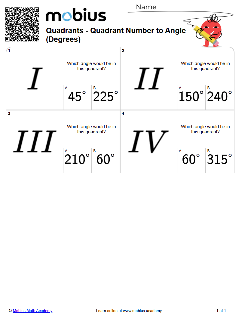 Quadrants - Quadrant Number to Angle (Degrees) | Level 1 | Grades 6-11 ...