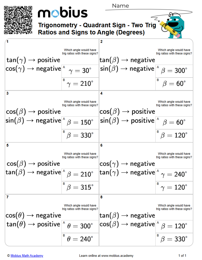 Trigonometry | Quadrant Sign - Two Trig Ratios and Signs to Angle ...