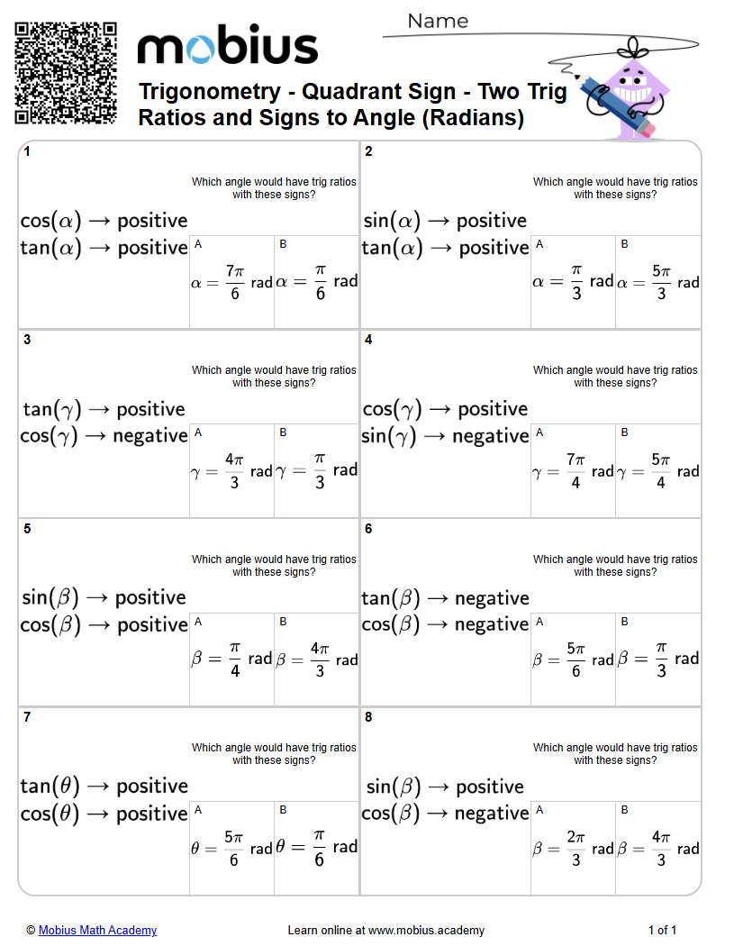 Quadrant Sign - Two Trig Ratios and Signs to Angle (Radians) (Level 1 ...