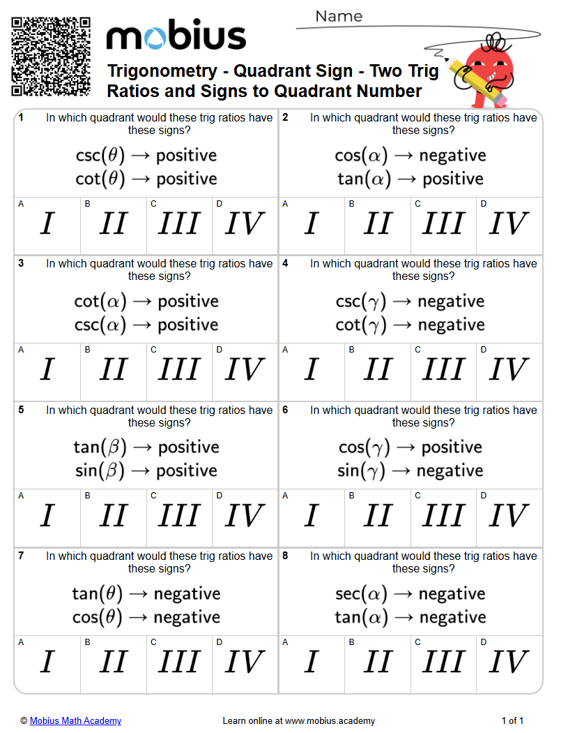 Quadrant Sign - Two Trig Ratios and Signs to Quadrant Number (Level 2 ...