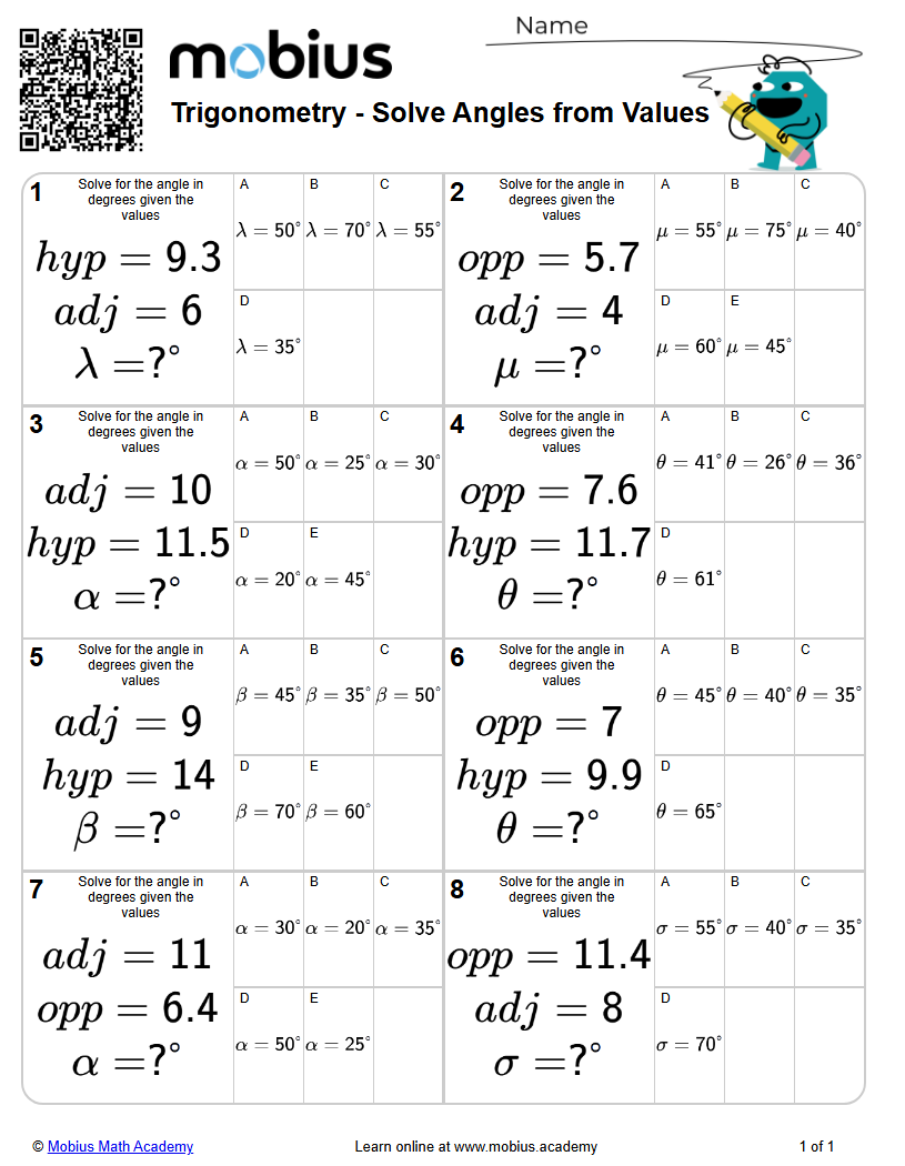 Trigonometry - Solve Angles from Values (Level 1) - Mobius Math Academy