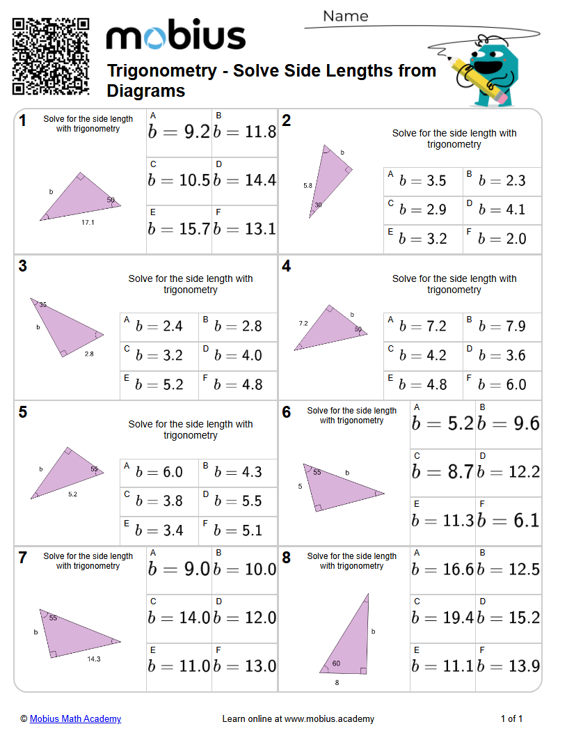 Trigonometry - Solve Side Lengths from Diagrams (Level 1) - Mobius Math ...