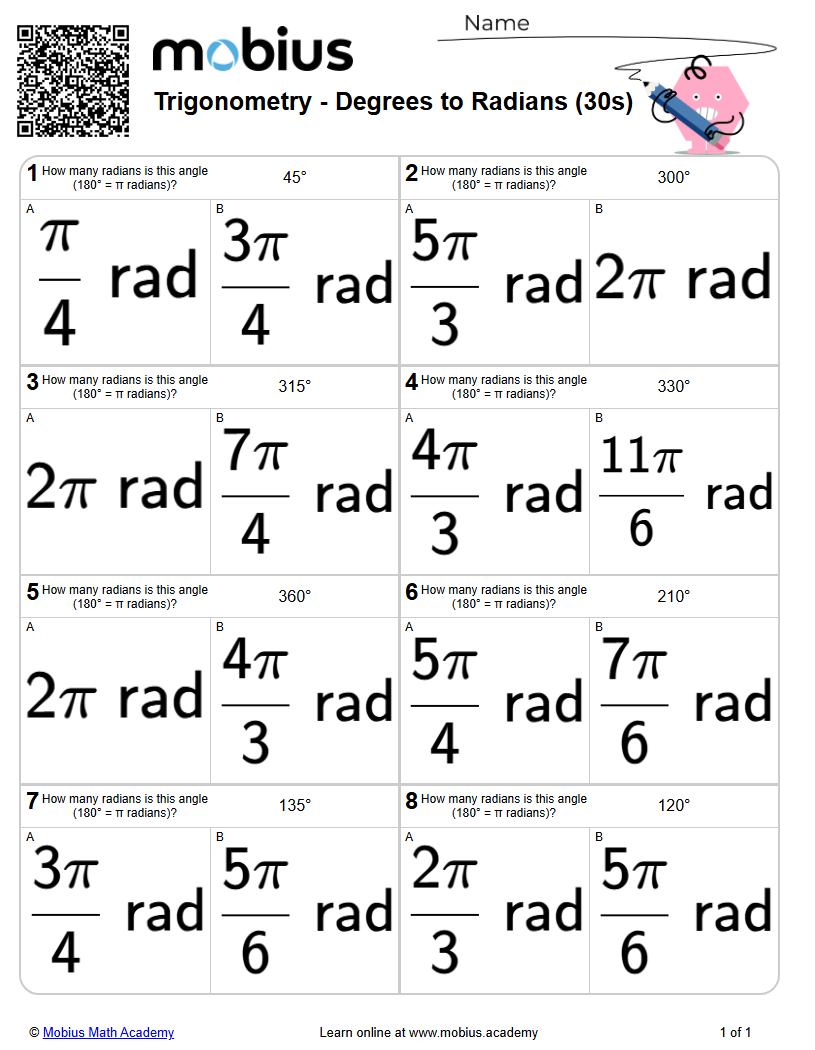 Trigonometry - Degrees to Radians (30s) (Level 1) - Mobius Math Academy