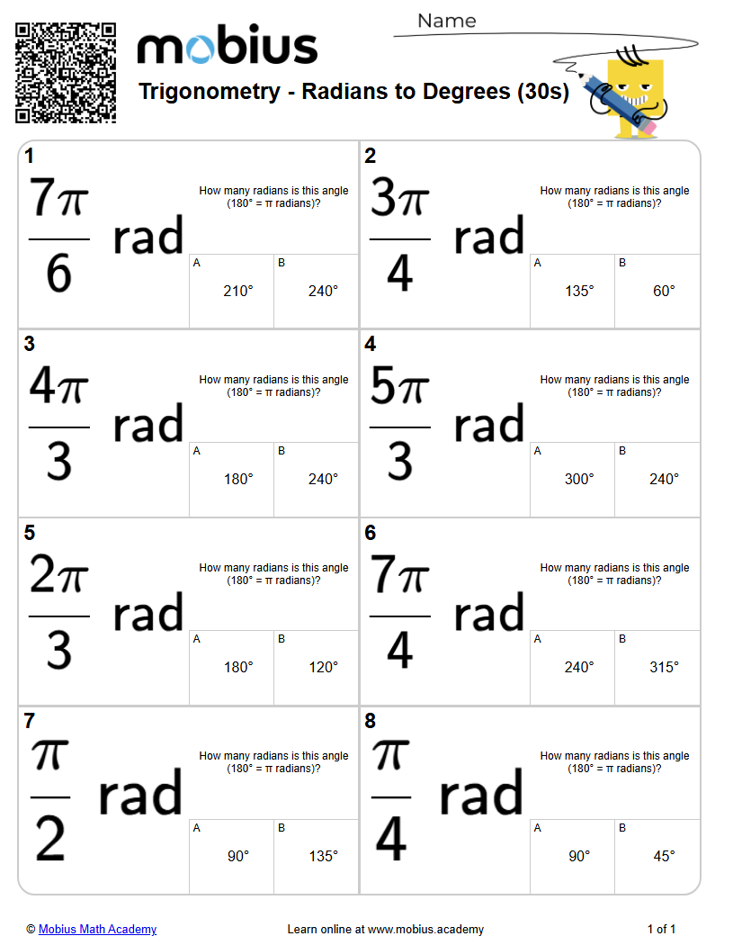 Trigonometry - Radians to Degrees (30s) (Level 1) - Mobius Math Academy