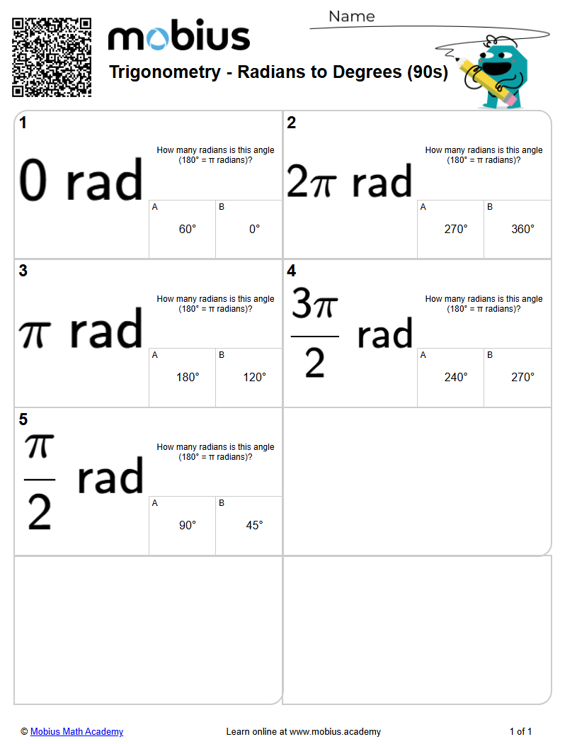 Trigonometry - Radians to Degrees (90s) (Level 1) - Mobius Math Academy