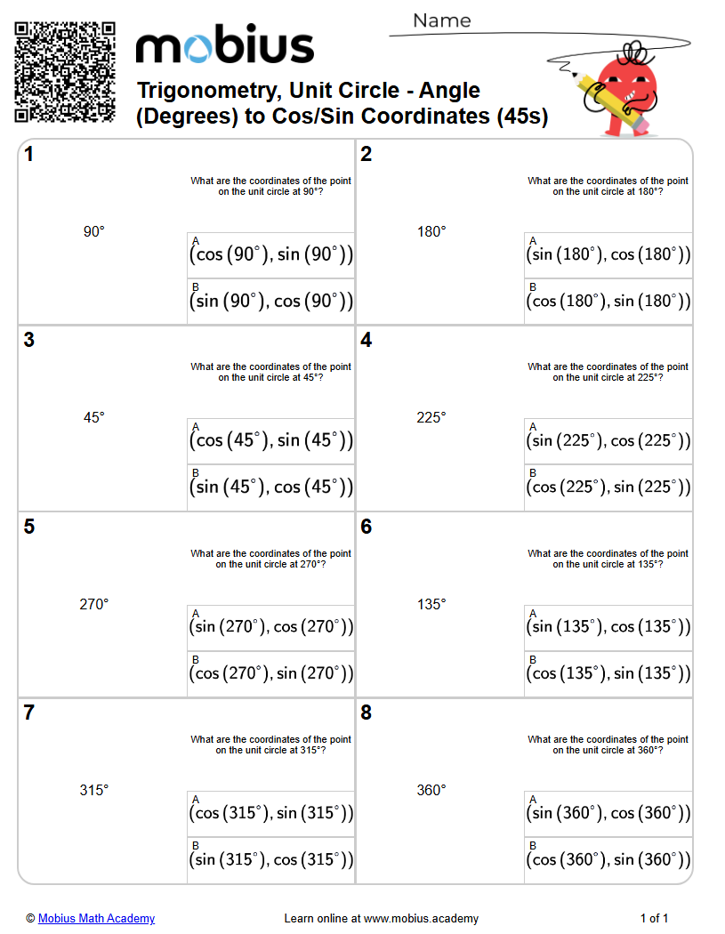 Trigonometry, Unit Circle - Angle (Degrees) to Cos/Sin Coordinates (45s ...