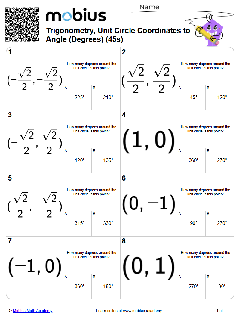 Trigonometry, Unit Circle Coordinates to Angle (Degrees) (45s) (Level 1 ...