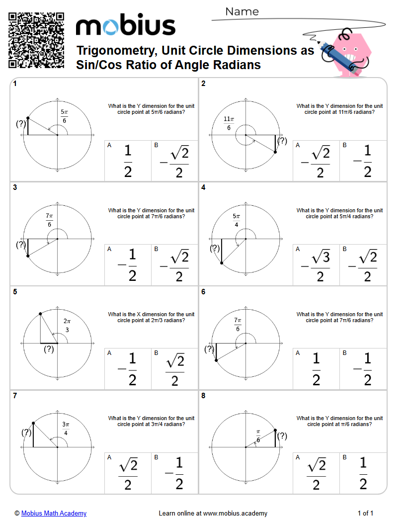 Trigonometry, Unit Circle Dimensions as Sin/Cos Ratio of Angle Radians ...