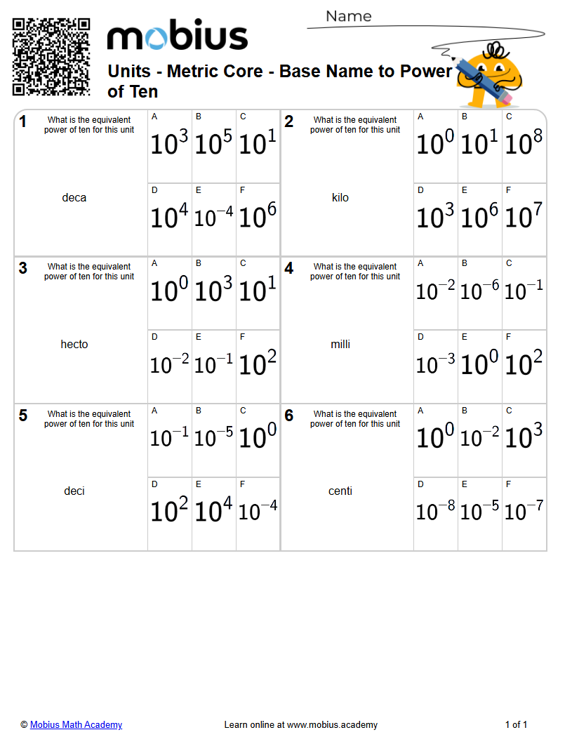 Units - Metric Core - Base Name to Power of Ten (Level 2) - Mobius Math ...