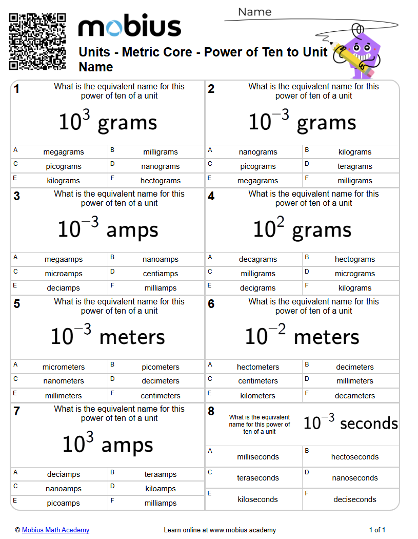 Units - Metric Core - Power of Ten to Unit Name (Level 1) - Mobius Math ...