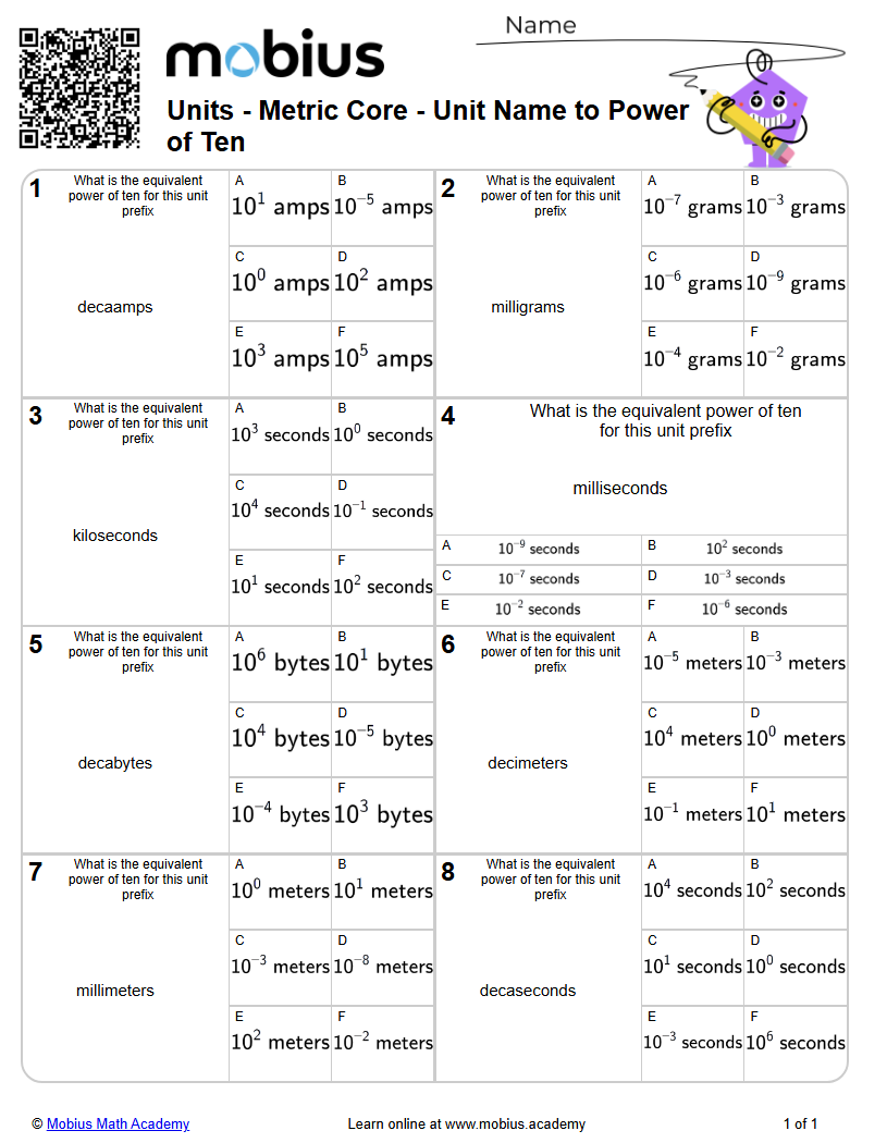 Units - Metric Core | Unit Name to Power of Ten (Level 1) | Grades 11 ...