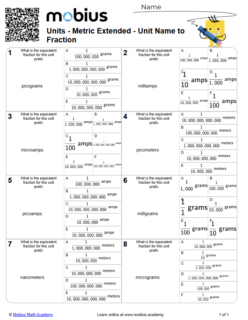Units - Metric Extended - Unit Name to Fraction (Level 1) - Mobius Math ...