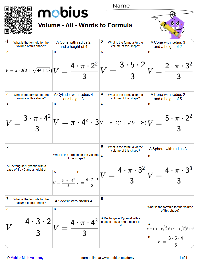 Volume - All - Words to Formula | Level 1 | Grades 8-10 Math Worksheets ...