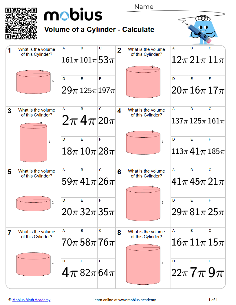 Volume of a Cylinder - Calculate (Level 1) - Mobius Math Academy