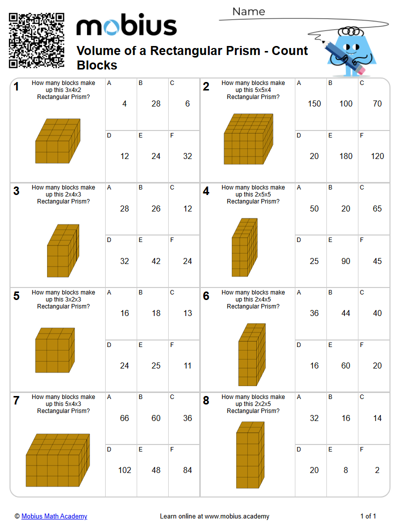 Volume of a Rectangular Prism - Count Blocks (Level 1) - Mobius Math ...