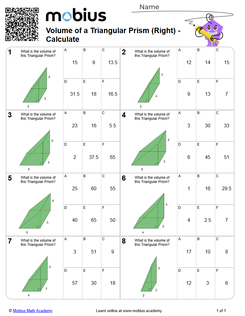 Volume of a Triangular Prism (Right) - Calculate (Level 1) - Mobius ...