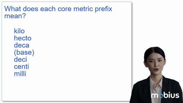 Metric unit prefices including kilo, hecto, deca, deci, centi and milli ...