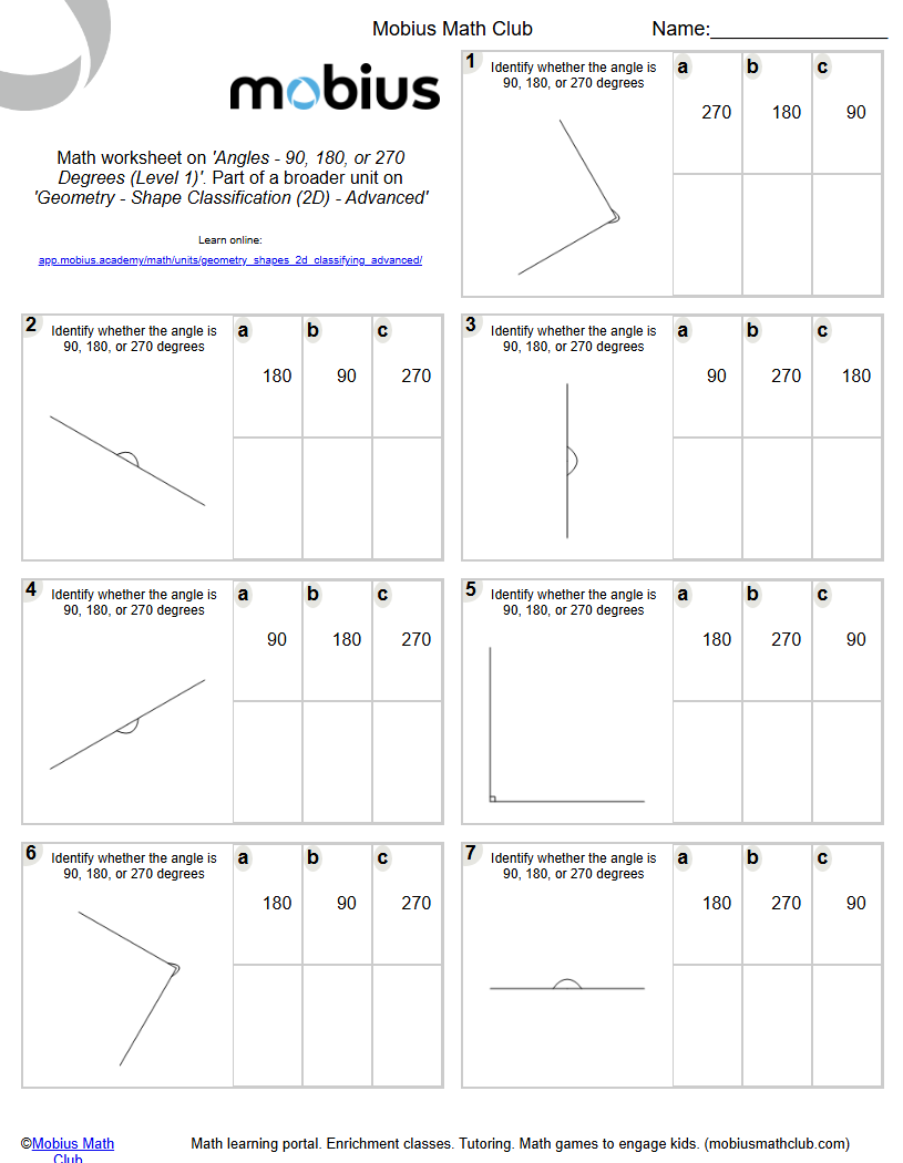 Angles - 90, 180, or 270 Degrees (Level 1) - Mobius Math