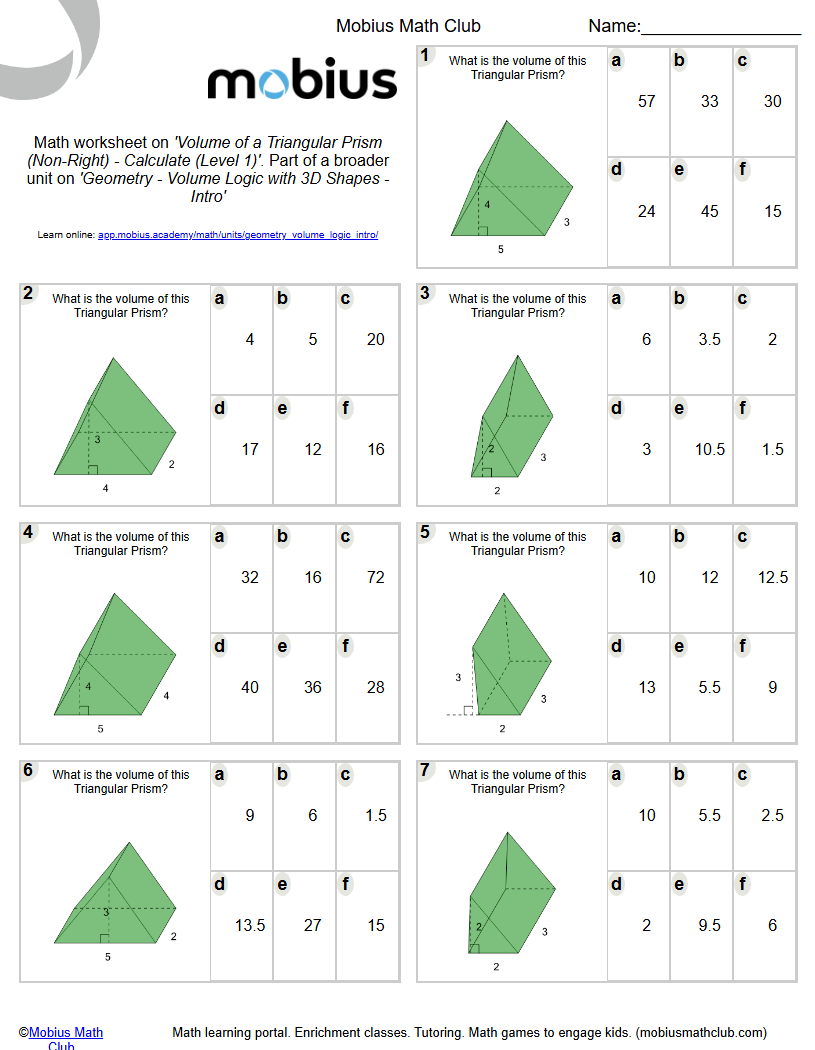 Volume of a Triangular Prism (Non-Right) - Calculate (Level 1) - Mobius ...