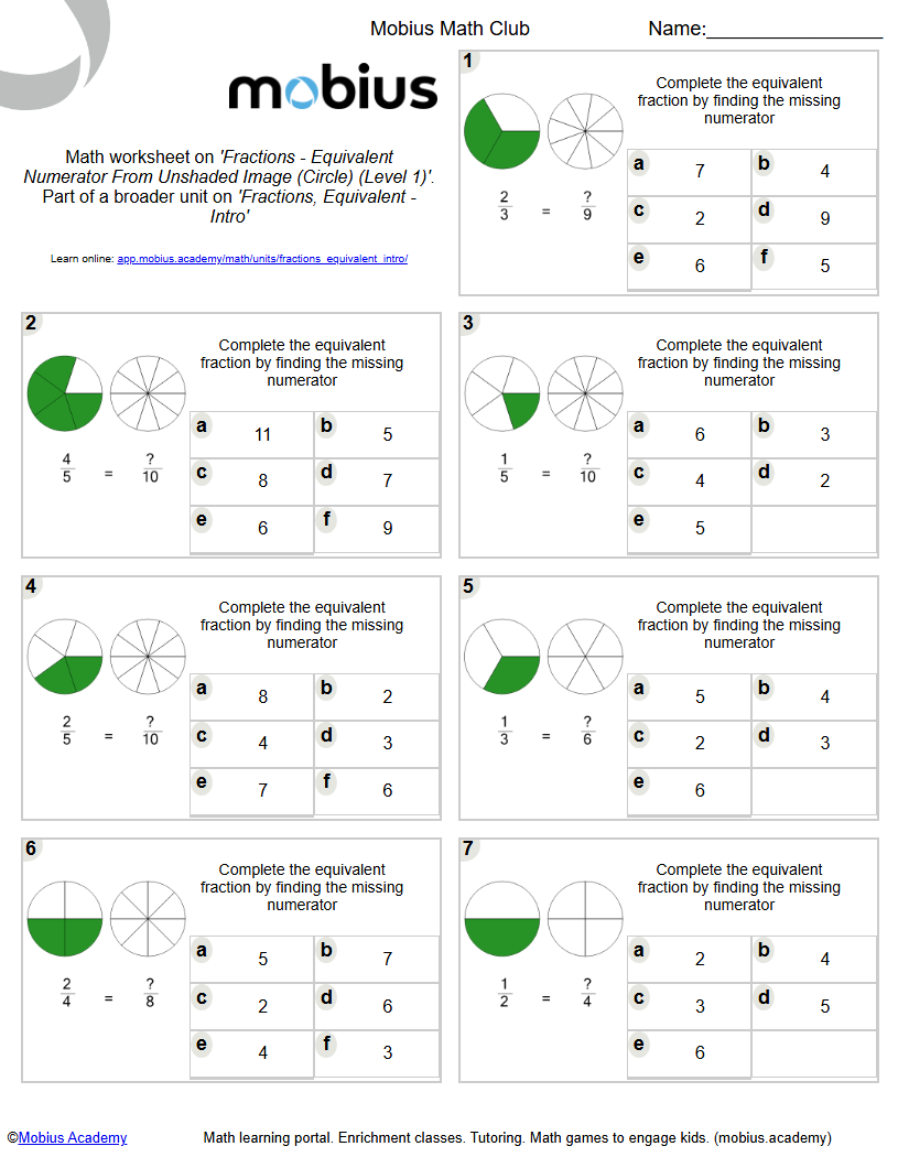 Fractions - Equivalent Numerator From Unshaded Image (Circle) (Level 1 ...