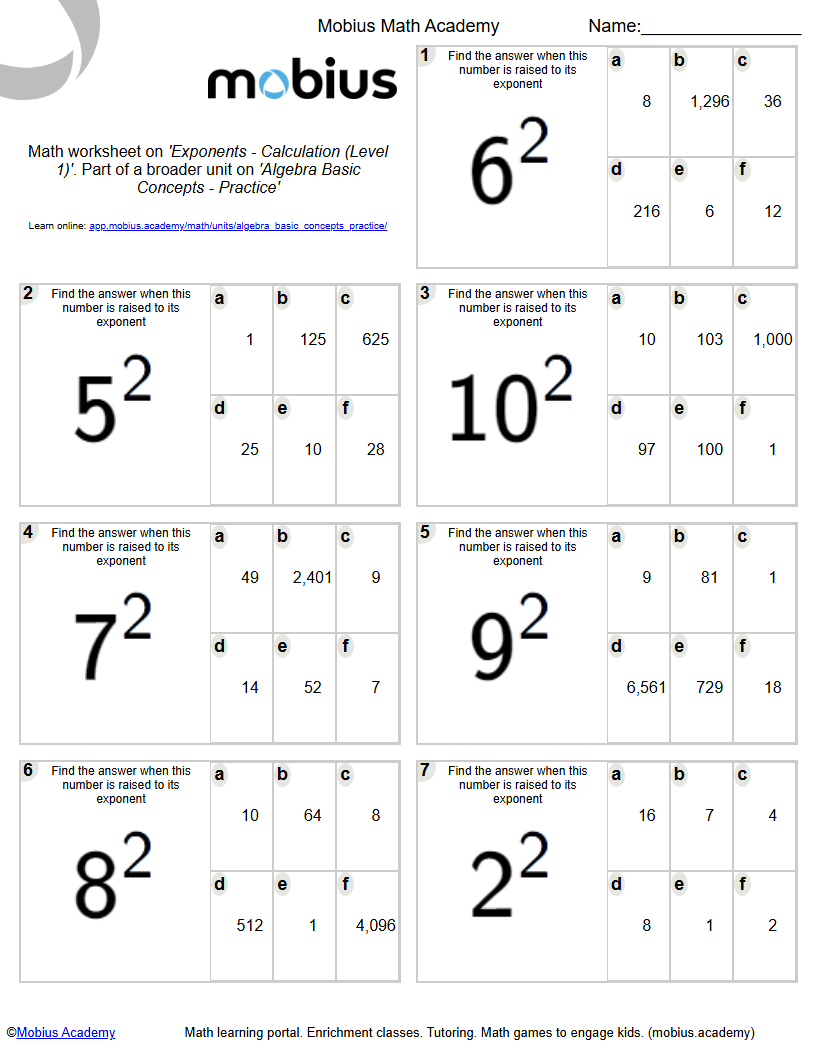 Exponents - Calculation (Level 1) - Mobius Math Academy
