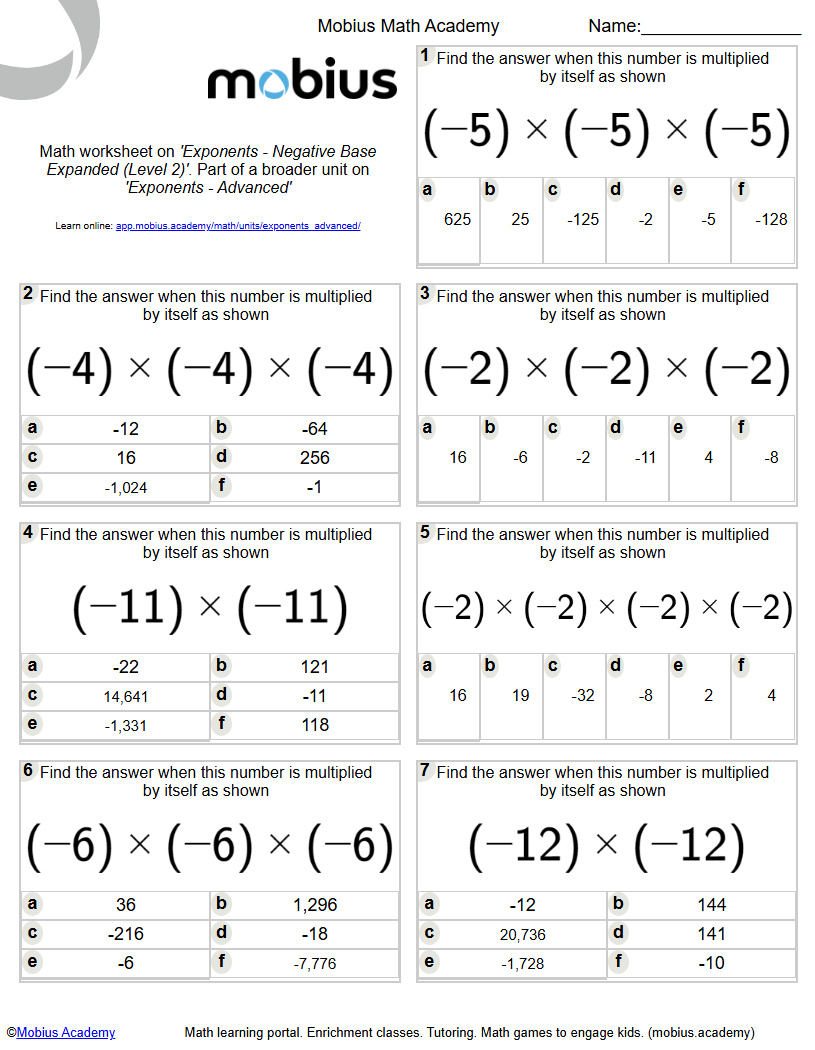 Exponents - Negative Base Expanded (Level 2) - Mobius Math Academy
