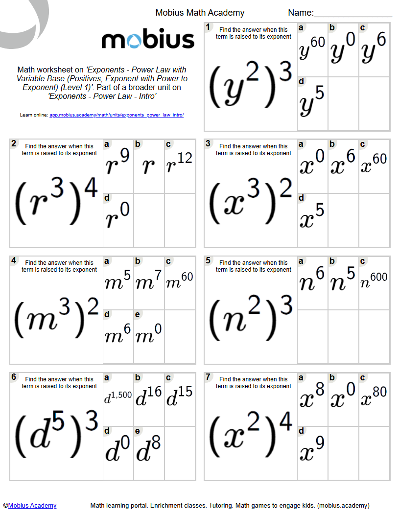 Exponents - Power Law with Variable Base (Positives, Exponent with Power to Exponent) (Level 1 ...