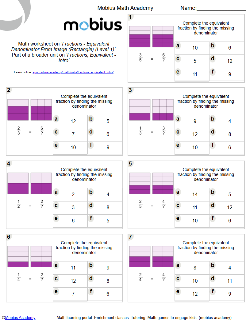 Fractions - Equivalent Denominator From Image (Rectangle) (Level 1 ...
