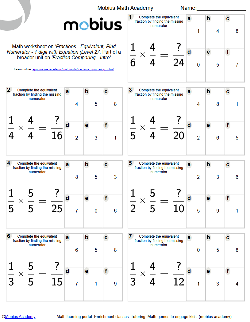 Fractions - Equivalent, Find Numerator - 1 digit with Equation (Level 2 ...