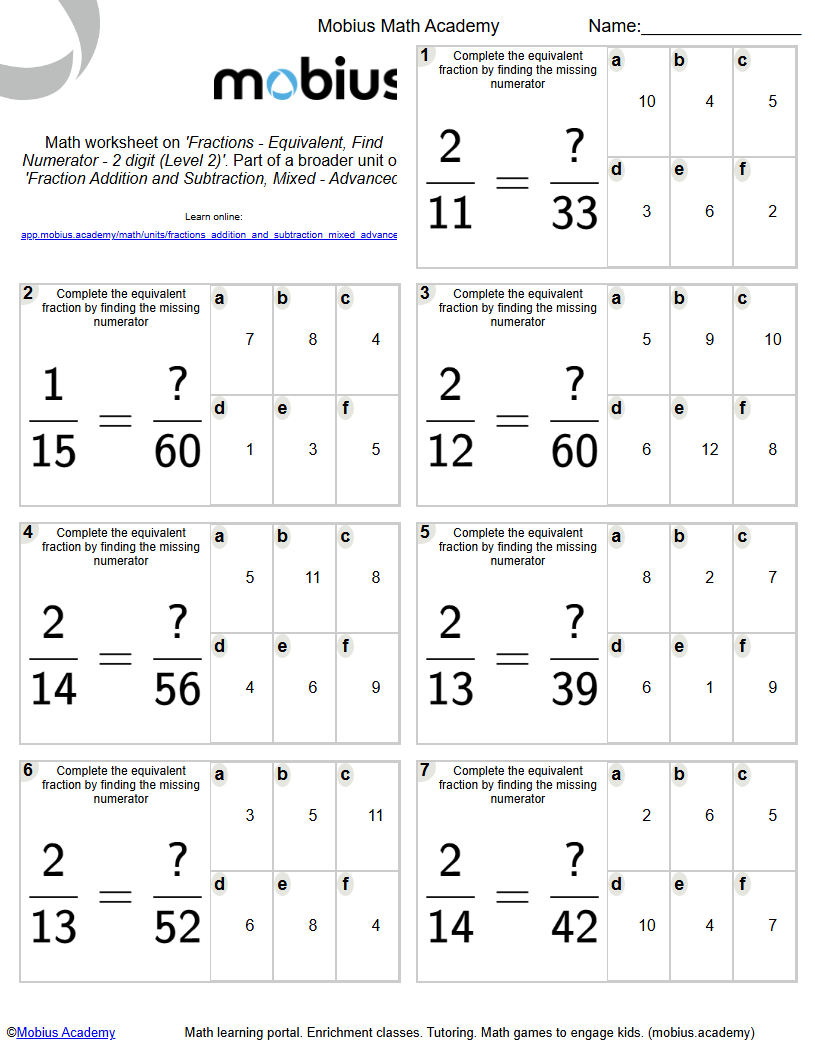 Fractions - Equivalent, Find Numerator - 2 digit (Level 2) - Mobius Math