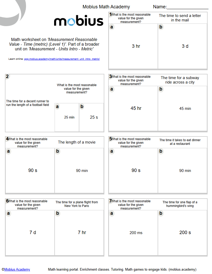Measurement Reasonable Value - Time (metric) (Level 1) - Mobius Math ...