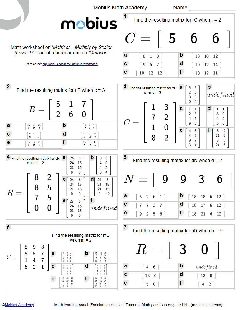Matrices Multiply By Scalar Level 1 Mobius Math Academy