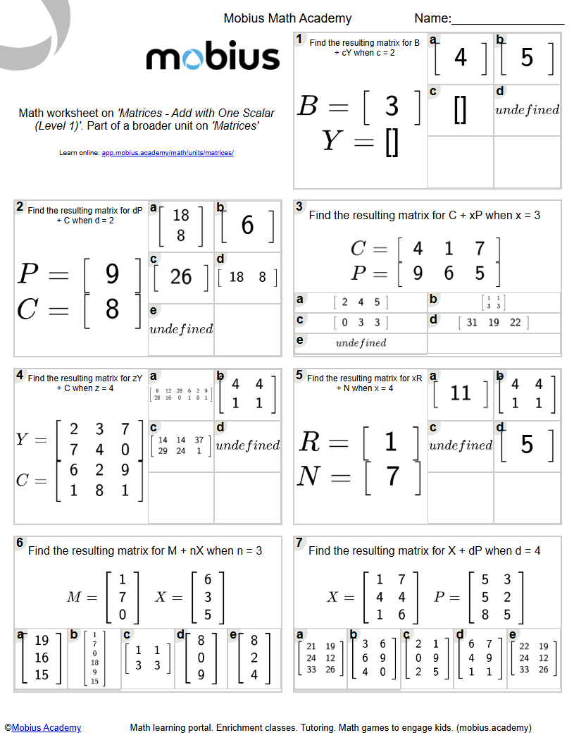 Matrices - Add with One Scalar (Level 1) - Mobius Math