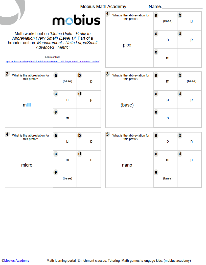 Metric Units - Prefix to Abbreviation (Very Small) (Level 1) - Mobius ...