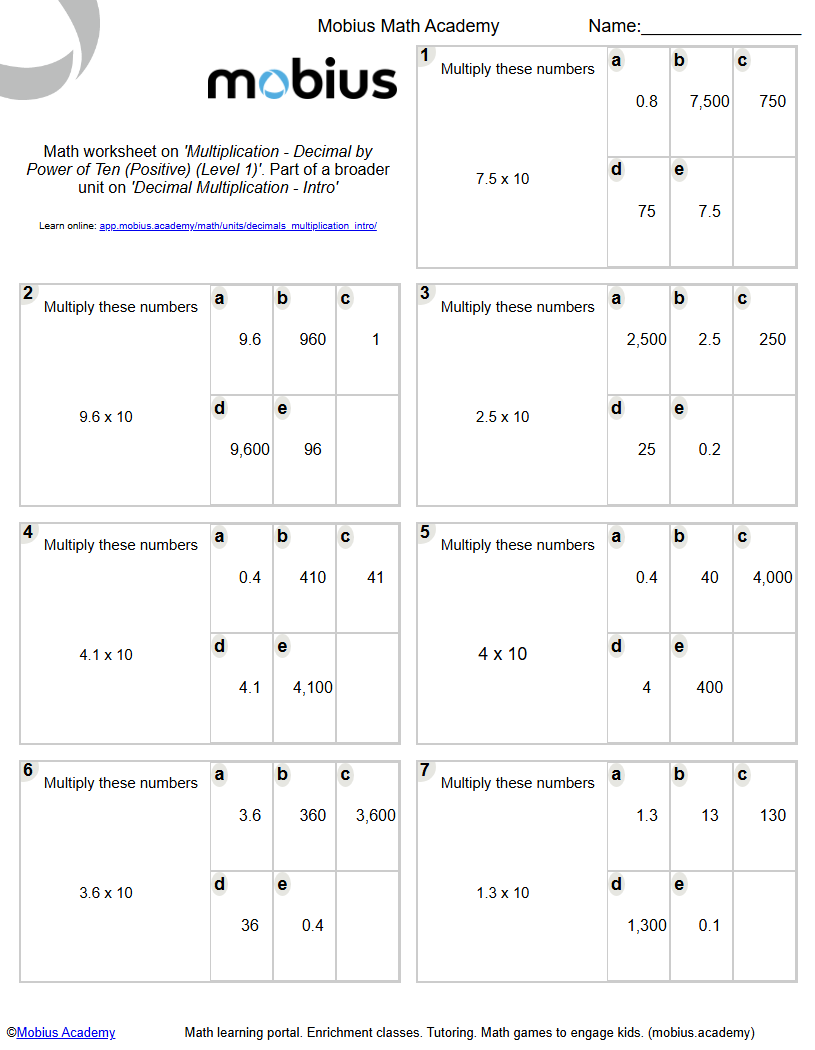 Multiplication - Decimal by Power of Ten (Positive) (Level 1) - Mobius Math