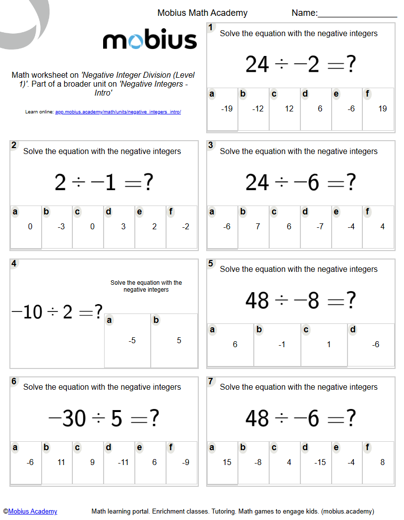 Negative Integer Division Level 1 Mobius Math
