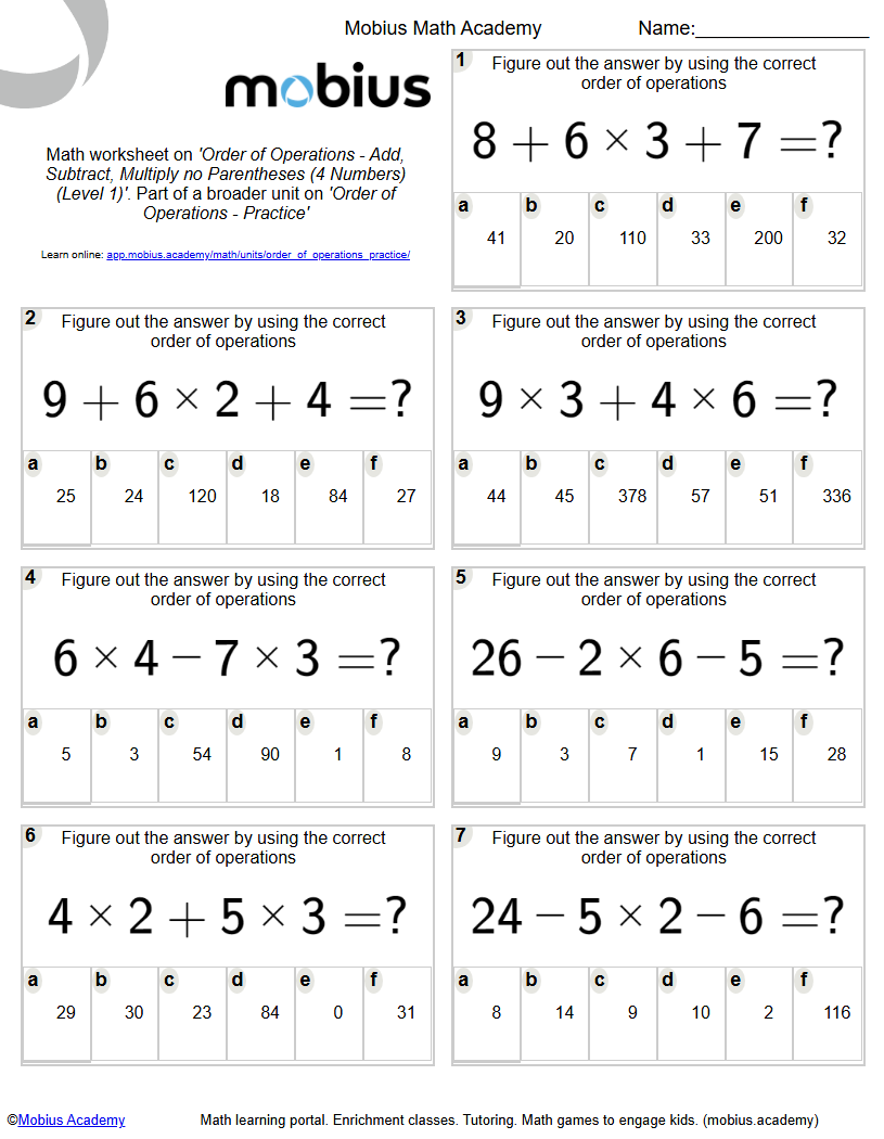 Order of Operations - Add, Subtract, Multiply no Parentheses (4 Numbers ...