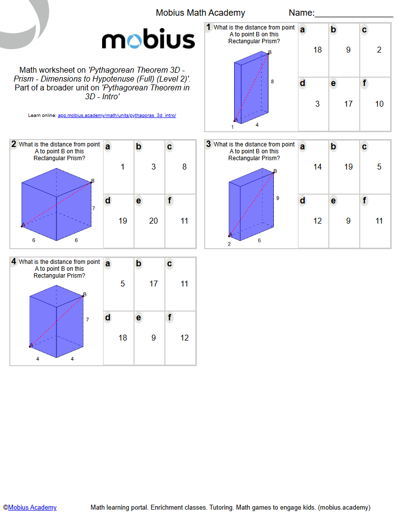 Pythagorean Theorem 3D - Prism - Dimensions to Hypotenuse (Full) (Level ...