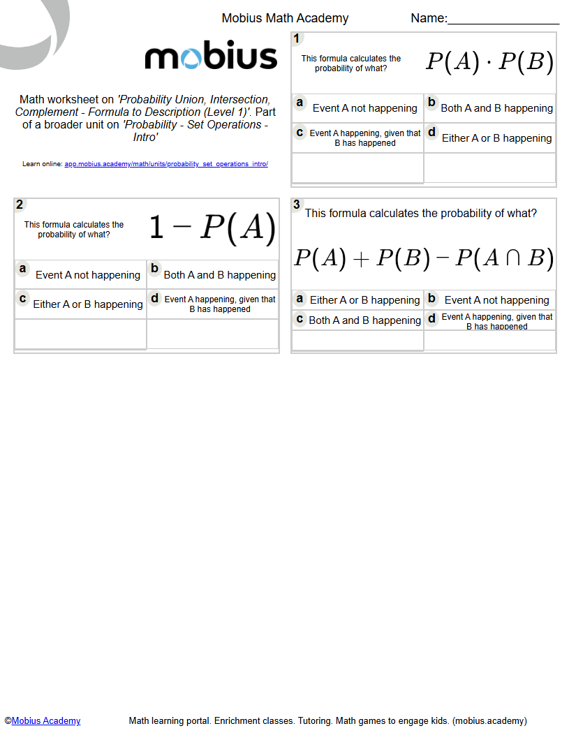 Probability Union, Intersection, Complement - Formula to Description ...