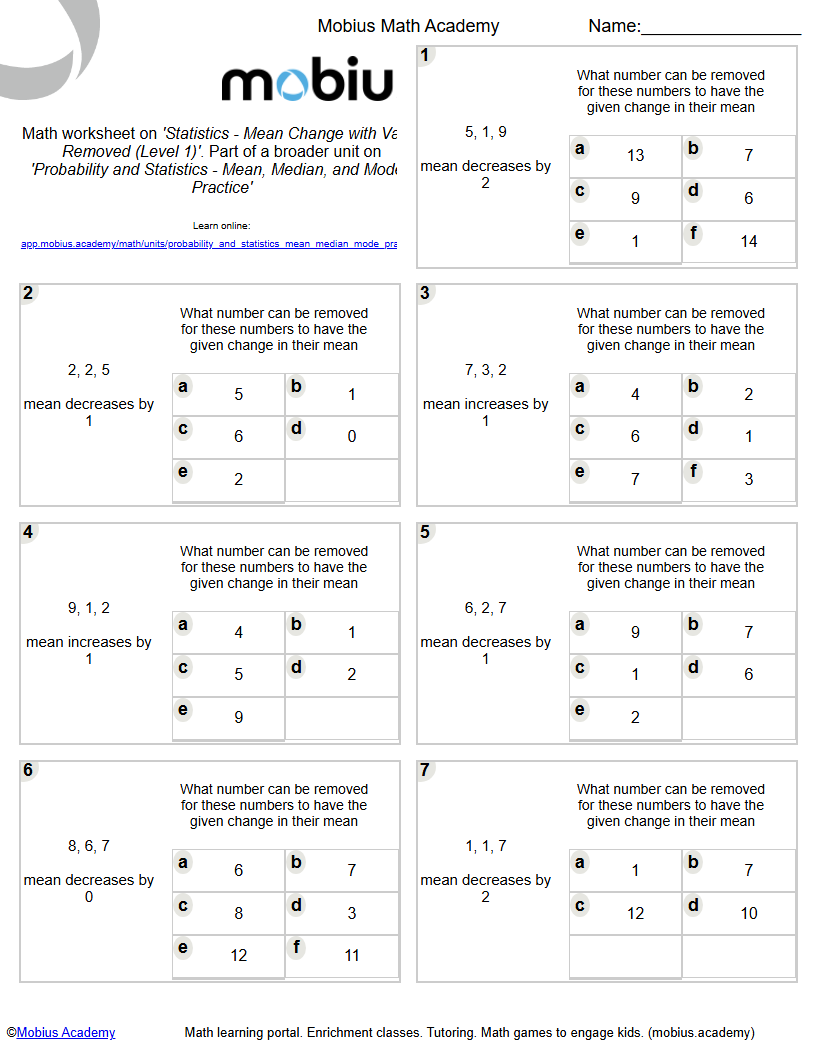 Statistics - Mean Change with Value Removed (Level 1) - Mobius Math Academy