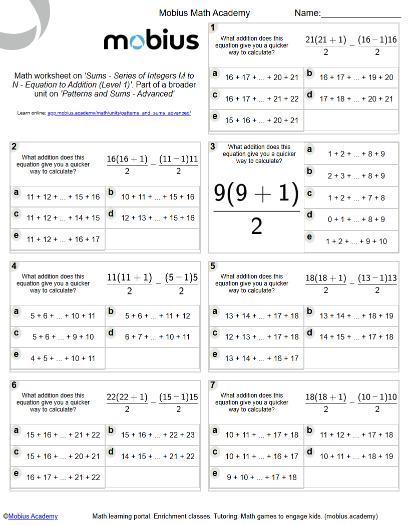 Sums - Series of Integers M to N - Equation to Addition (Level 1 ...