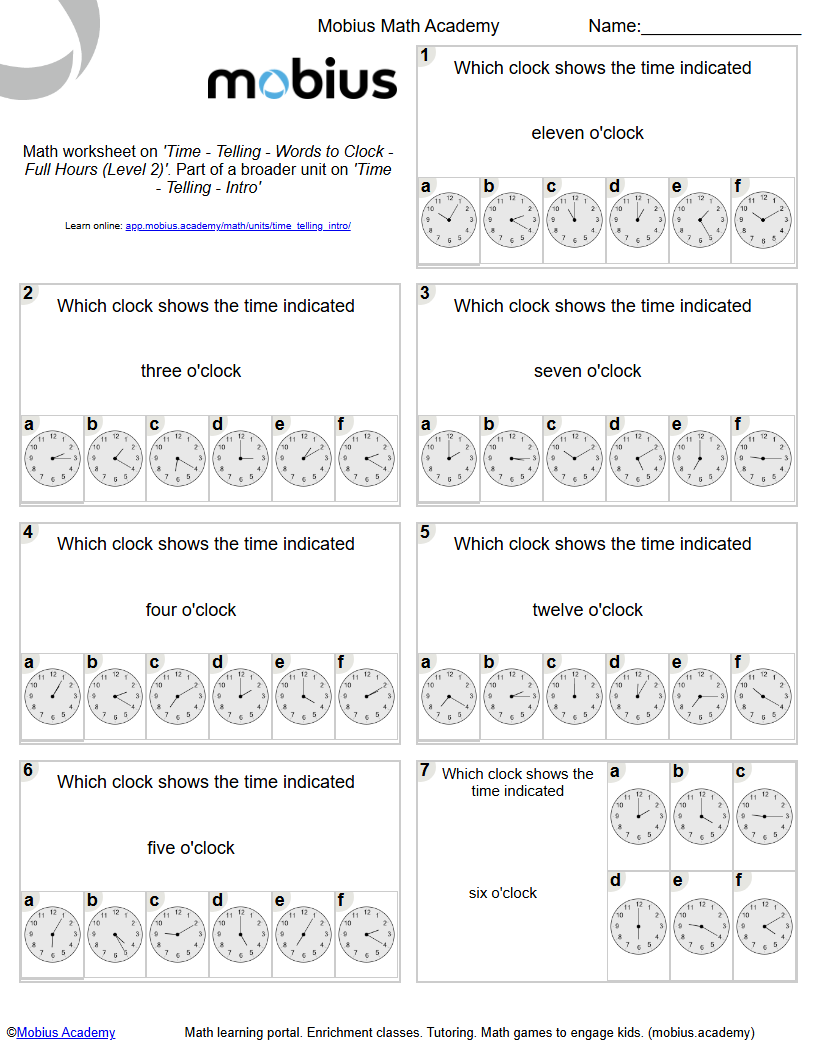 Time - Telling - Words to Clock - Full Hours (Level 2) - Mobius Math