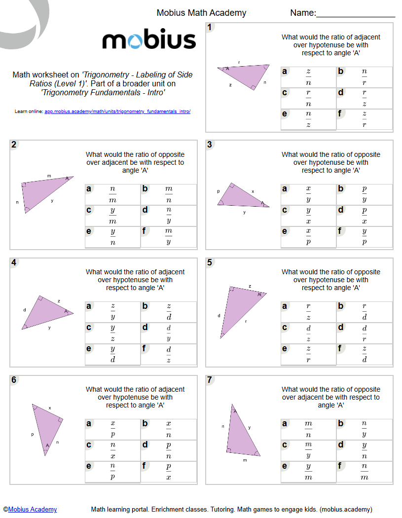 Trigonometry - Labeling of Side Ratios (Level 1) - Mobius Math Academy