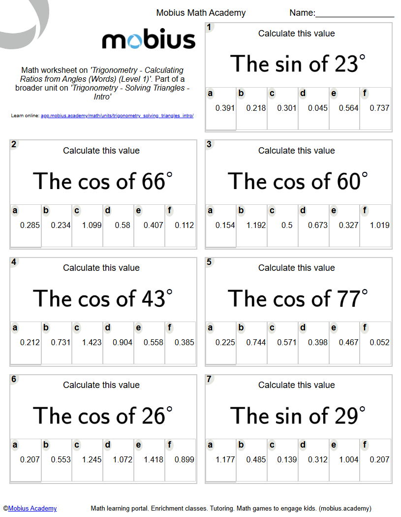 Trigonometry - Calculating Ratios from Angles (Words) (Level 1 ...