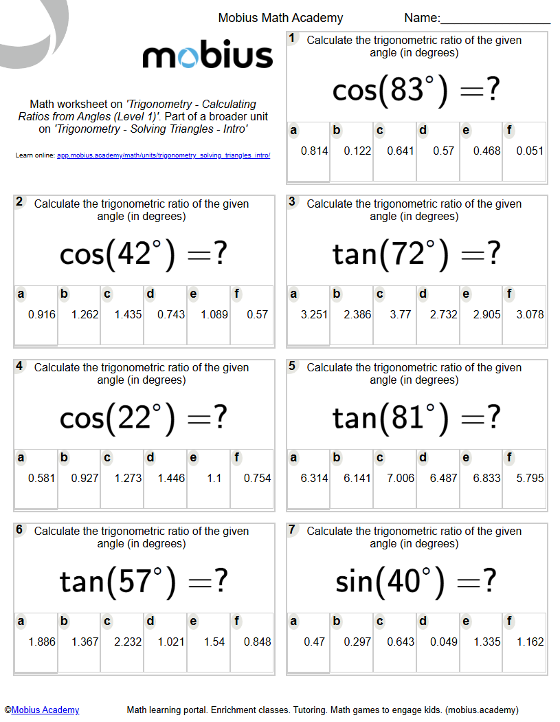 Trigonometry - Calculating Ratios from Angles (Level 1) - Mobius Math