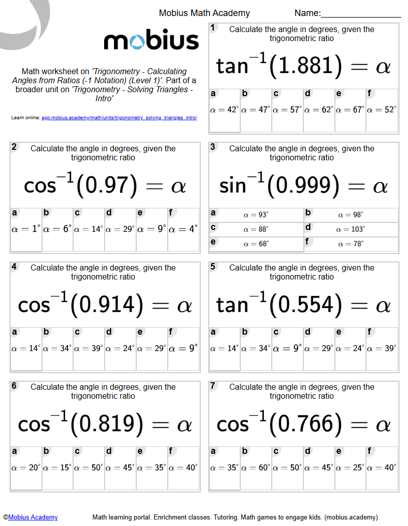 Trigonometry - Calculating Angles from Ratios (-1 Notation) (Level 1 ...